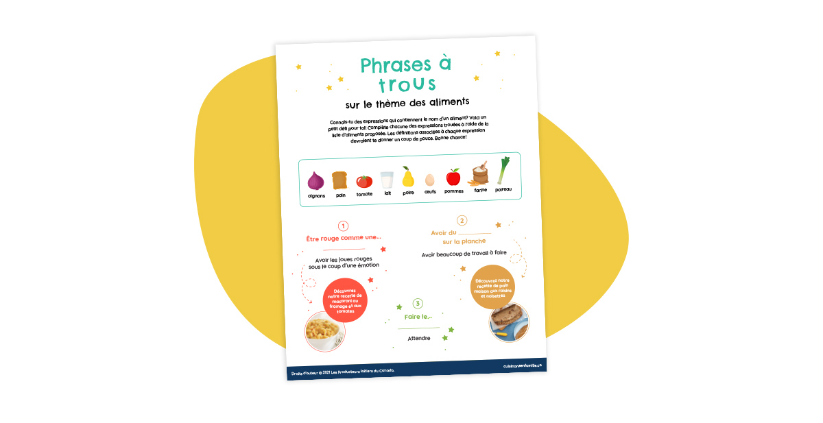 Phrases à trous sur l'alimentation | Cuisinons en Famille